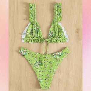 Swim | Solid Green Bikini With Floral Design And Ruffle Detail | Poshmark